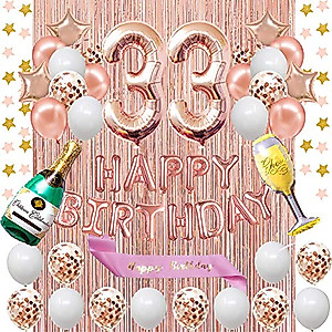 Fancypartyshop 33rd Birthday Decorations - Rose Gold Happy Birthday Banner and Sash with Number 33 Balloons Latex Confetti Balloons Ideal for Girl and Women 33 Years Old Birthday Rose Gold