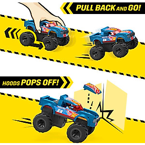 Mega Hot Wheels Monster Trucks Building Toy Car, Smash & Crash Race Ace with 85 Pieces, 1 Micro Action Figure Driver, Blue, Kids Age 5+ Years