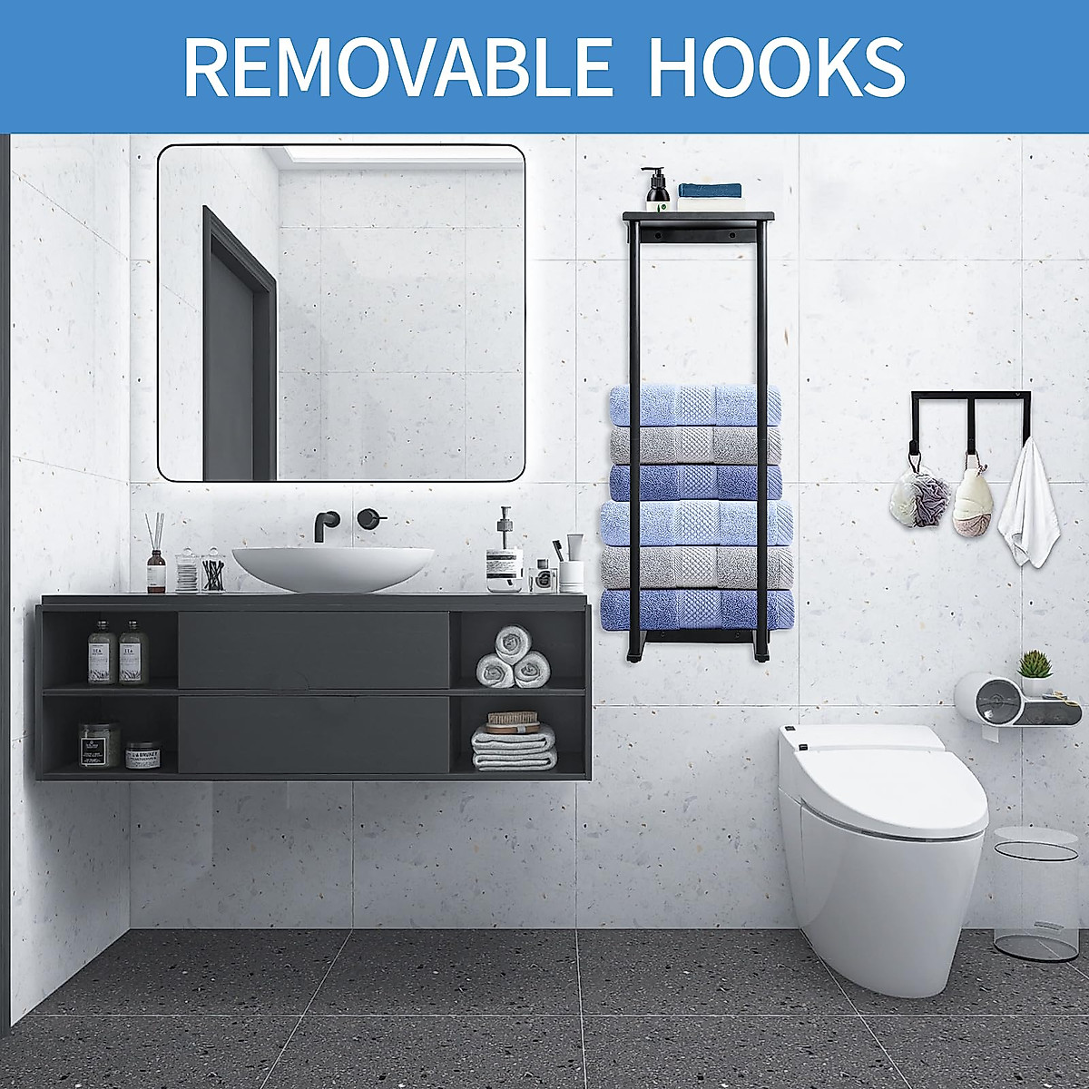 HOTNIU Towel Racks for Small Bathroom Wall Mounted, Vertical Towel Storage with Metal Shelf and 3 Hooks, Bath Towel Rack for Rolled Towels, Black Towel Holder for Large Bath Sheets Towels