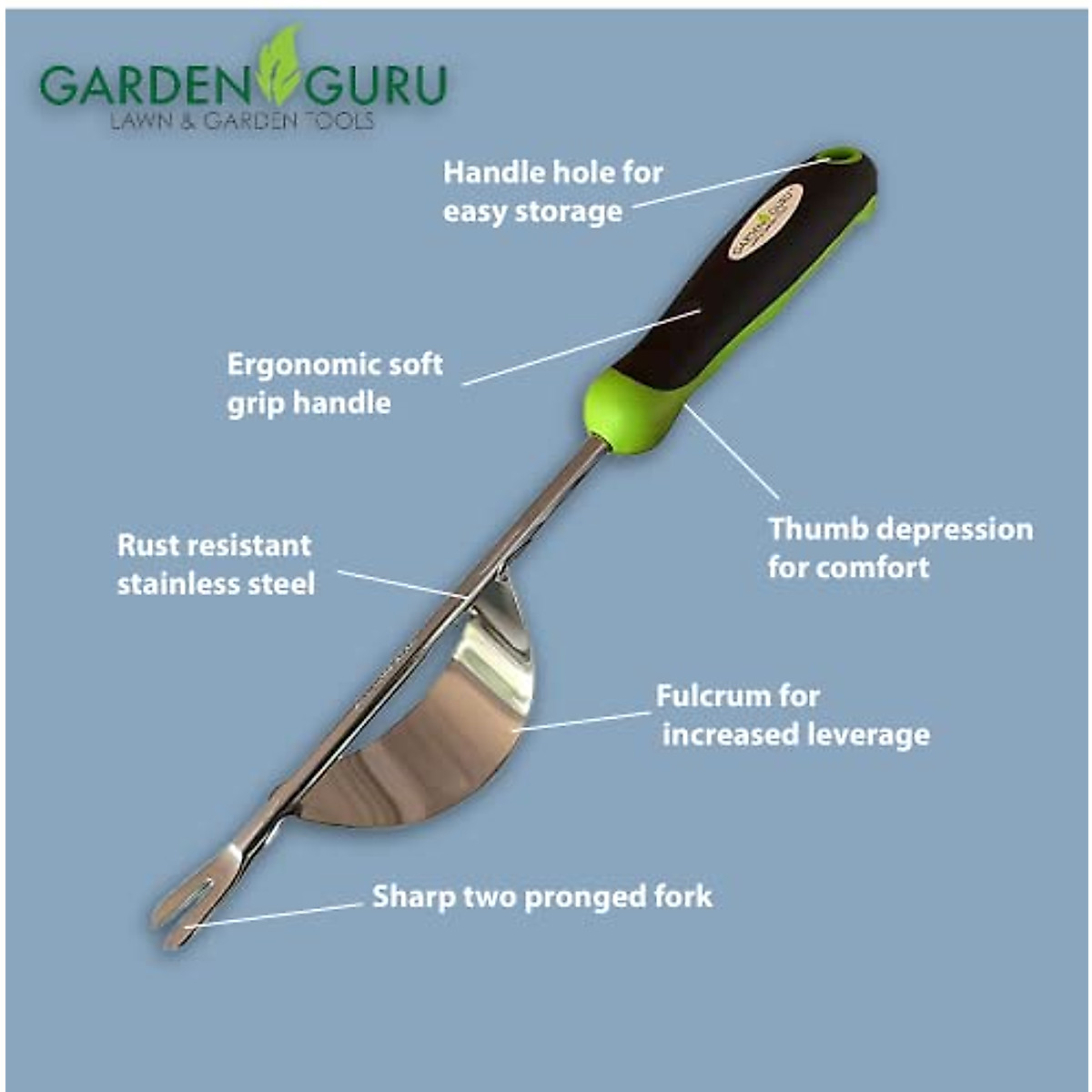 Garden Guru Dandelion Weeder Tool with Ergonomic Handle & Fulcrum - Stainless Steel Weed Puller for Planting, Weeding, Flower and Vegetable Care in Lawn Garden Yard | Rust Resistant