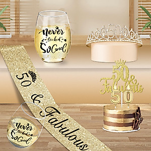 Juesly 50th Birthday Gifts for Women with 15oz Wine Glass, 50th Birthday Crown, Sash, Cake Topper and Candles, 50 Year Old Birthday Decorations 50th Birthday Gifts Idea