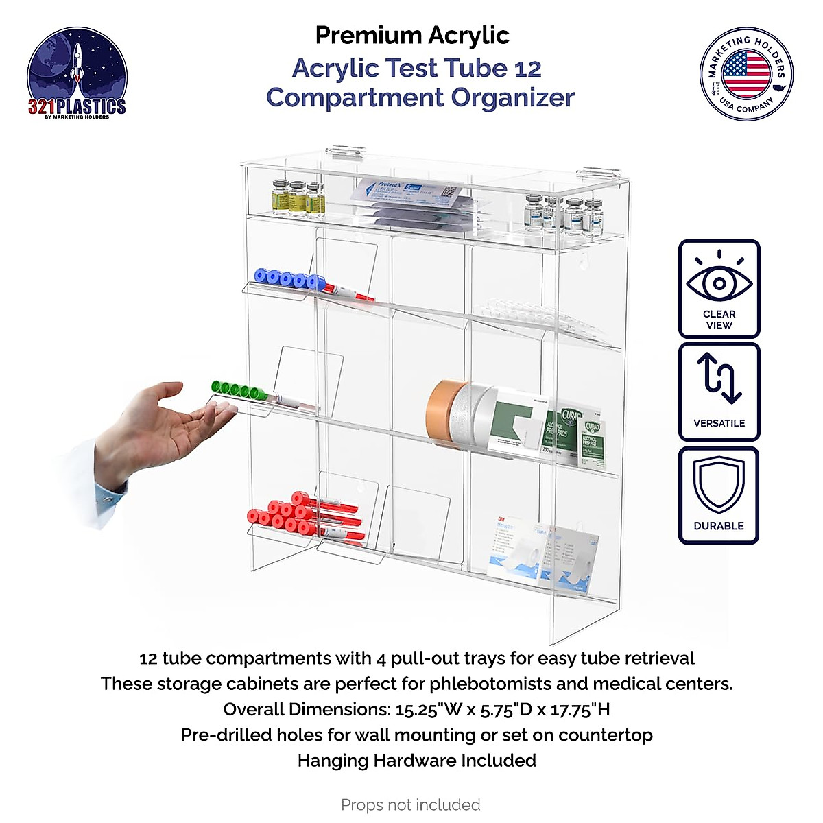 Tube Rack Clear Acrylic 12 Compartment 15.25" x 17.75" Wall Mount with Hanging Hardware or Countertop Clinics Hospitals Food Industry and Pharmaceutical Easy Access Lightweight by Marketing Holders