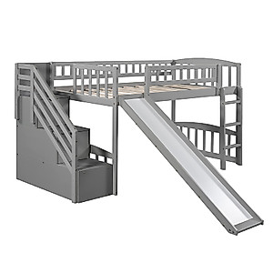 Harper & Bright Designs Twin Loft Bed with Slide for Kids, Wood Slide Loft Bed with Stairs and Built-in Ladder, No Box Spring Needed,Grey