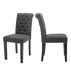 ABET Modern Dining Chairs Set of 2, Button Tufted Parsons Dining Chairs, Upholstered Fabric with Nailheads and Solid Wood Legs, Stylish Kitchen Chairs with Padded Seat, Dark Grey