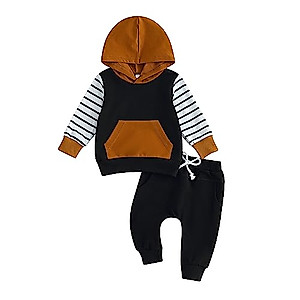 Hoanselay Toddler Baby Boy Color Block Sweatsuit Clothes Long Sleeve Hoodie Sweatshirt Top and Pants Fall Winter Outfit Set (Black, 18-24 Months)