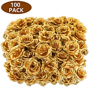 Youeon 100 Pcs Artificial Rose Flower Heads for Crafts, 3.5 Inch Faux Gold Flower Heads, Silk Rose Flowers Head in Bulk, Gold Roses Artificial Flowers for Centerpieces, Flower Wall, Wedding