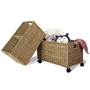 PEMAR Set 2 (different sizes nesting in a set) Natural Wicker Rolling Storage Baskets on Wheels w Insert Handle, Under Table Under Desk Storage Bins, Mobile File Cabinet Organiser. Seagrass