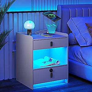 Dytler RGB Smart Nightstand, with Wireless Charging Station and USB Port, Modern Bedside Table, Bedroom LED Night Stand, 2 Drawers, Lockable, Home Office end Side Cabinet(Grey)