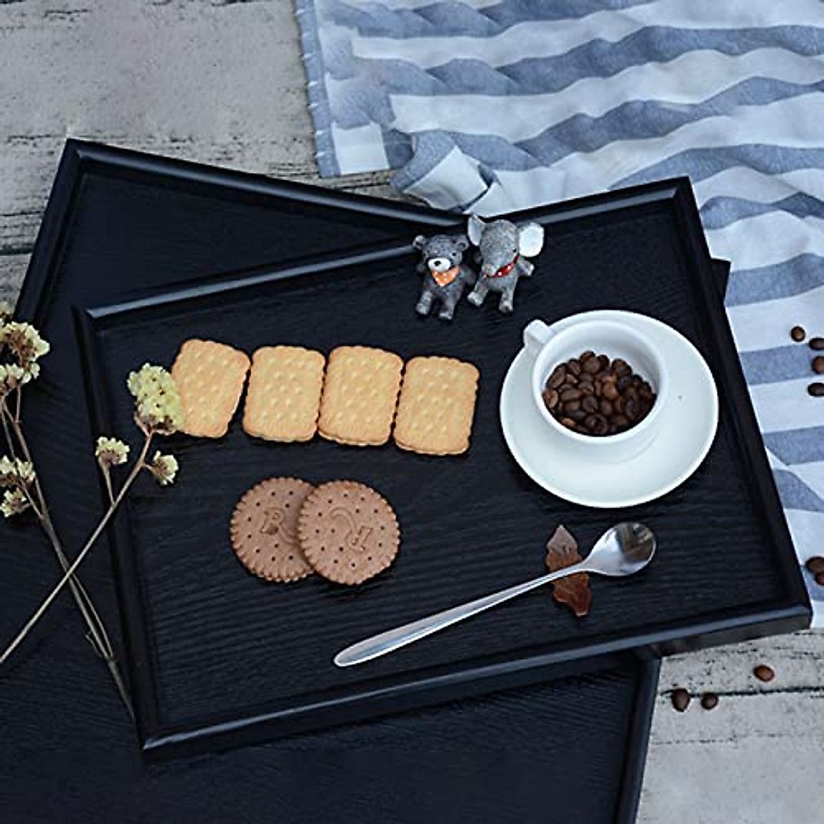 22 x 18 Inches Extra Large Solid Wood Serving Tray Tea Coffee Table Tray Snack Food Meals Serving Plate Kitchen Party Bar Server Breakfast Tray with Raised Edges Black Ottoman Tray Rectangle
