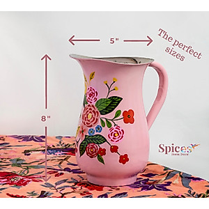 Hand Painted Stainless Steel Water Pitcher - Large Metal Water Jug, for Cold Drinks, Floral Design Beverage Carafe for Entertaining & Home Decor. 8” height, 1 Quart Decorative Vase. (Pink)