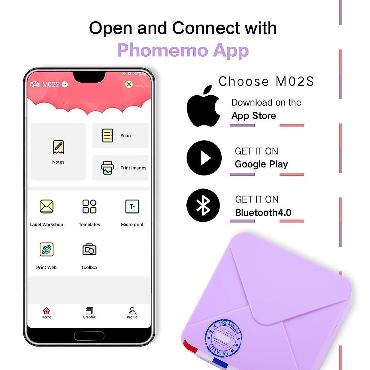 Phomemo M02s Mini Bluetooth Thermal Pocket Printer (Purple) with 3 Rolls Adhesive White/Gold/Silver Glitter Sticker Paper, Compatible with iOS + Android for Plan Journal, Study Notes, DIY, Work, Gift