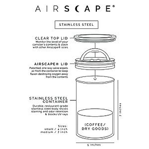 Planetary Design Airscape Stainless Steel Coffee Canister | Food Storage Container | Patented Airtight Lid | Push Out Excess Air Preserve Food Freshness (Medium, Matte White)