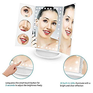 KXA Touch Lighted Makeup Mirror, Desktop Trifold Makeup Vanity Mirror 3X/2X/1X Magnification Dimmable 180° Rotation Illuminated Countertop Cosmetic Mirror