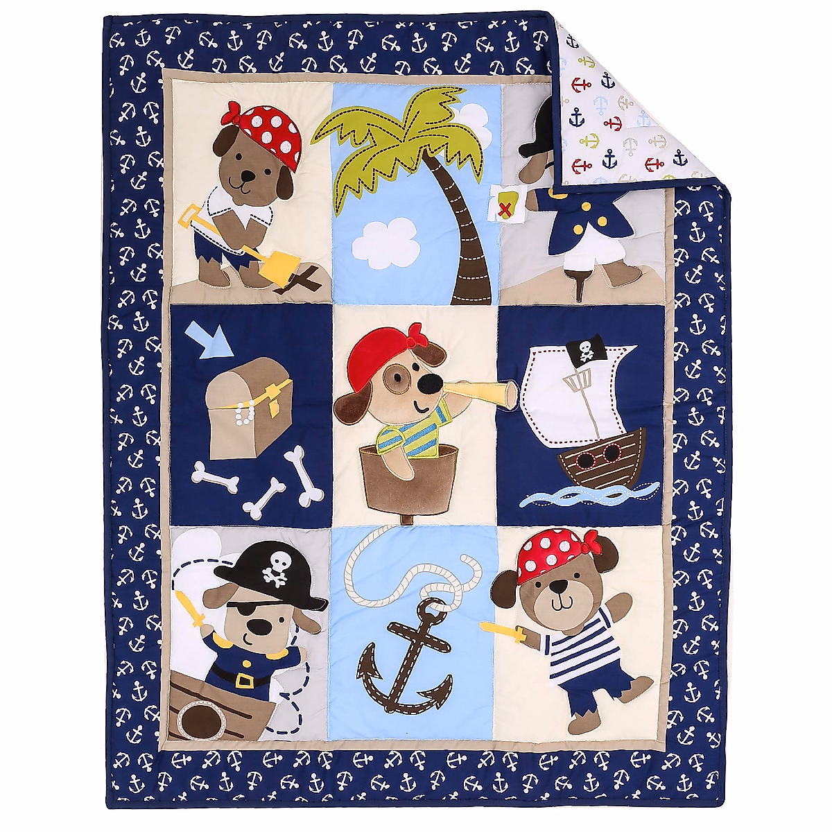 Brandream Boys Crib Bedding Sets Nautical Anchor Palm Dog Pirate Theme Nursery Set - Baby Quilt, Fitted Crib Sheet, Crib Skirt Included, 3 Pieces Navy Blue