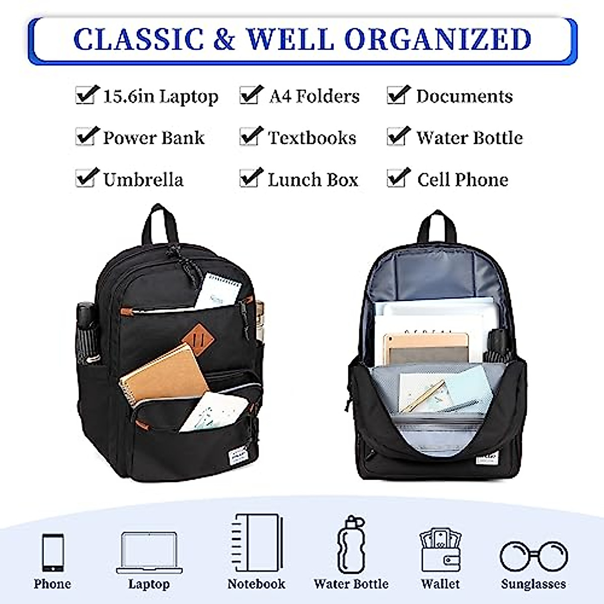 RAVUO School Backpack, Classic Lightweight Bookbag for Men Water Resistant Women Daypack Bag with Multi Pockets for High School,College,Travel,Work Black