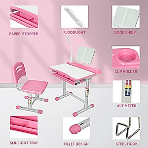 Diroan Kids Functional Desk and Chair Set, Ergonomic Height Adjustable Children School Study Desk with Tilt Desktop, Book Stand, LED Light, Metal Hook and Storage Drawer for Boys Girls(Pink)