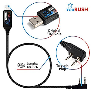 youRUSH Chirp Premium FTDI USB Programming Cable 1m Black Compatible with Baofeng Ham Radio UV-5R BF-F8HP GT-3TP BF-888S UV-82 UV-S9Plus and for Kenwood Radios with K Plug 2 pin. Easy Plug & Play