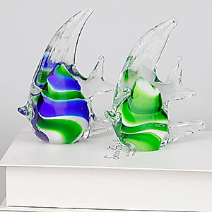 vskikris Green Hand Blown Tropical Fish Figurines Art Glass Fish Sculpture Collection for Home Decor Fish Tank Aquarium