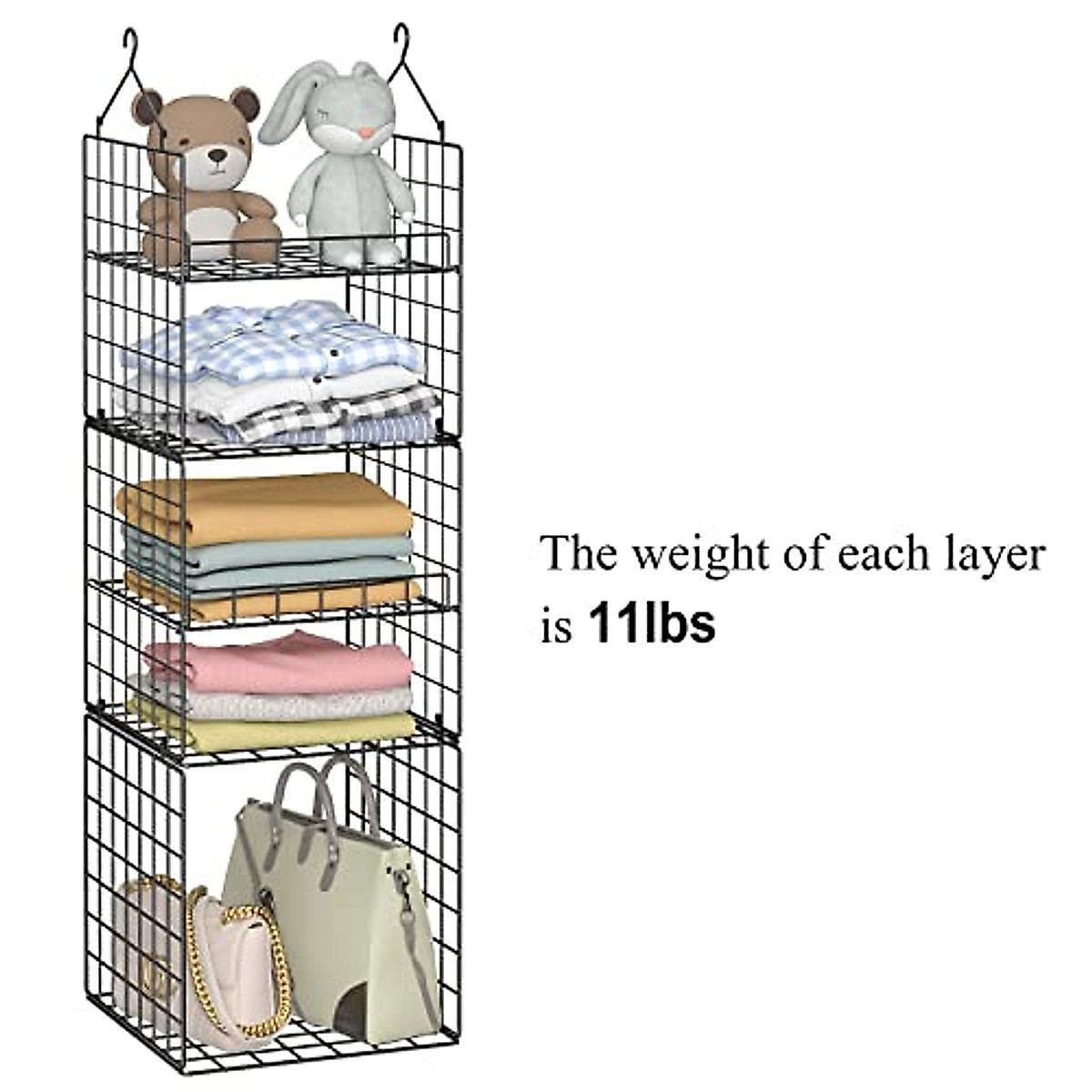 Yociyoga 5 Tier Closet Organizers and Storager, Adjustable Hanging Shelf Metal Wire Wardrobe Basket with 2 Sturdy Hooks for Bedroom, Livingroom (Black)