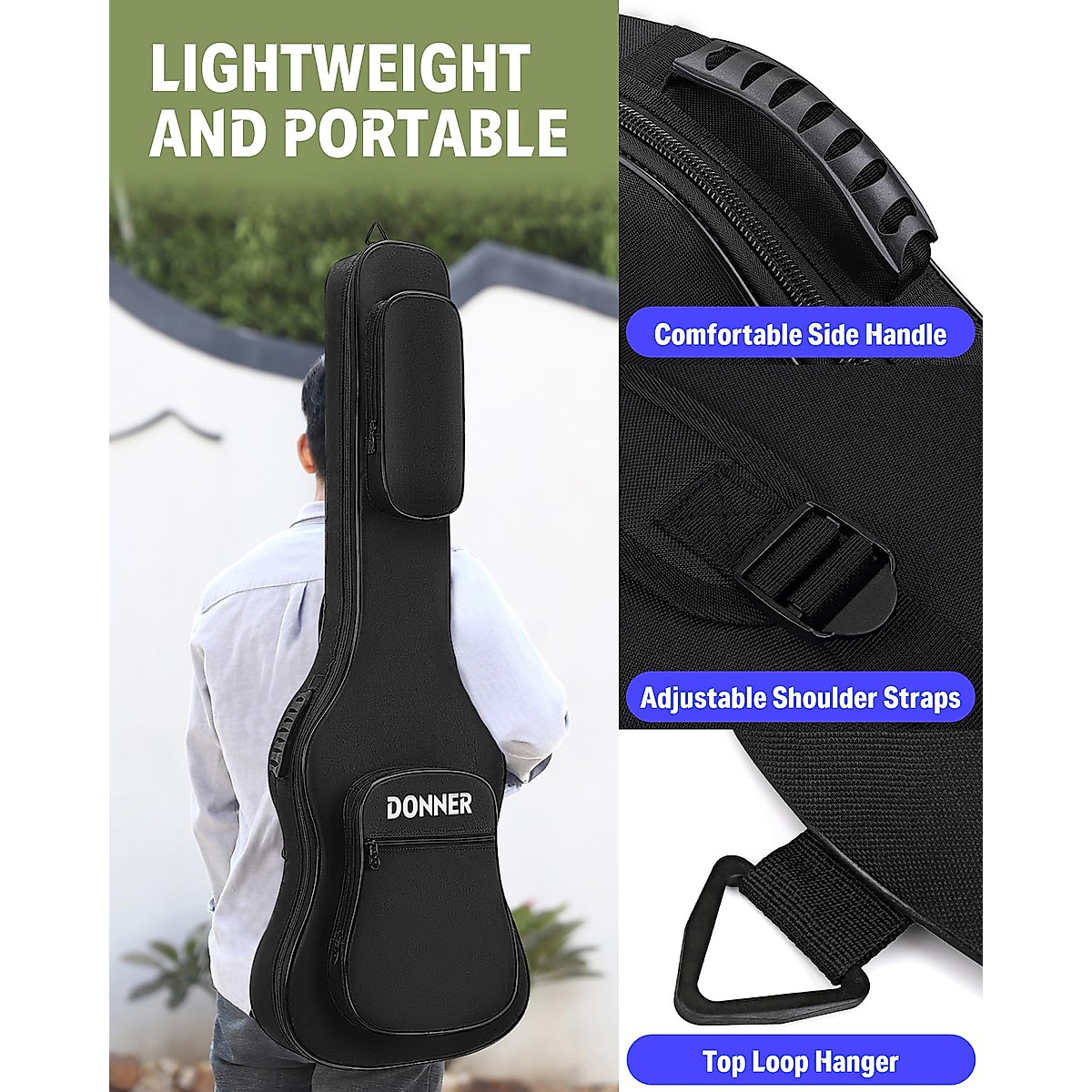 Donner 47 Inch Bass Guitar Case, 0.4 Inch Thick Padding Sponge 600D Ripstop Waterproof Nylon Soft Electric Bass Guitar Gig Bag with 3 Pockets and Back Hanger Loop, Black