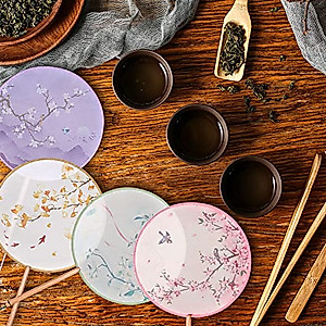 BAOZOON 4PCS Silky Translucent Antique Round Fan Classic Group Fan Floral Pattern Dance Fan Hanfu Women's Tassel Wooden Handle Palace Fan Wedding Favor Gift Home Decor