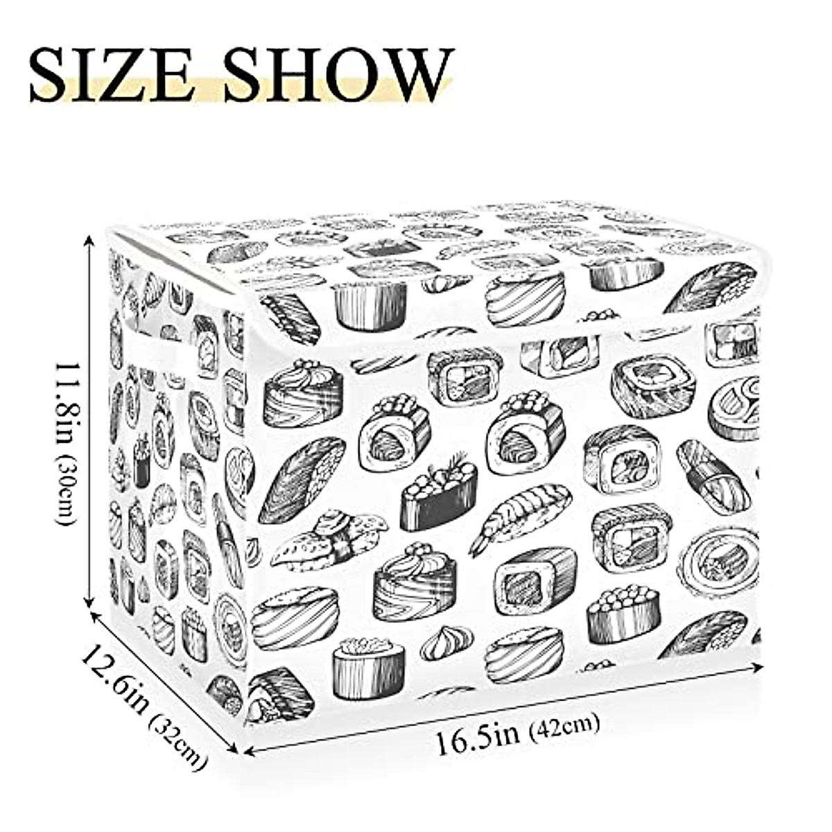 Kigai Storage Basket Sushi Pattern Storage Boxes with Lids and Handle, Large Storage Cube Bin Collapsible for Shelves Closet Bedroom Living Room, 16.5x12.6x11.8 In