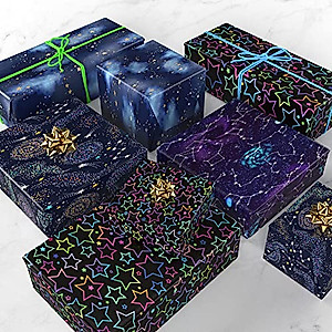 GIOLNIAY Galaxy Wrapping Paper for Boys Girls Birthday Baby Shower - Gift Wrap with Neon Stars, Watercolor Starry Sky with Constellations & Clouds, Galaxy with Nebula - 8 Sheets (20*29 Inch per Sheet), Recyclable, Easy to Store, Not Roll