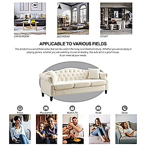 Imbesty 3 Seater Accent Sofa with Two Pillows, Chesterfield Beige Velvet Couch 79" Sofa Tufted Vintage Couch with Rolled Arms and Nailhead for Living Room, Bedroom, Apartment (79"-Beige)