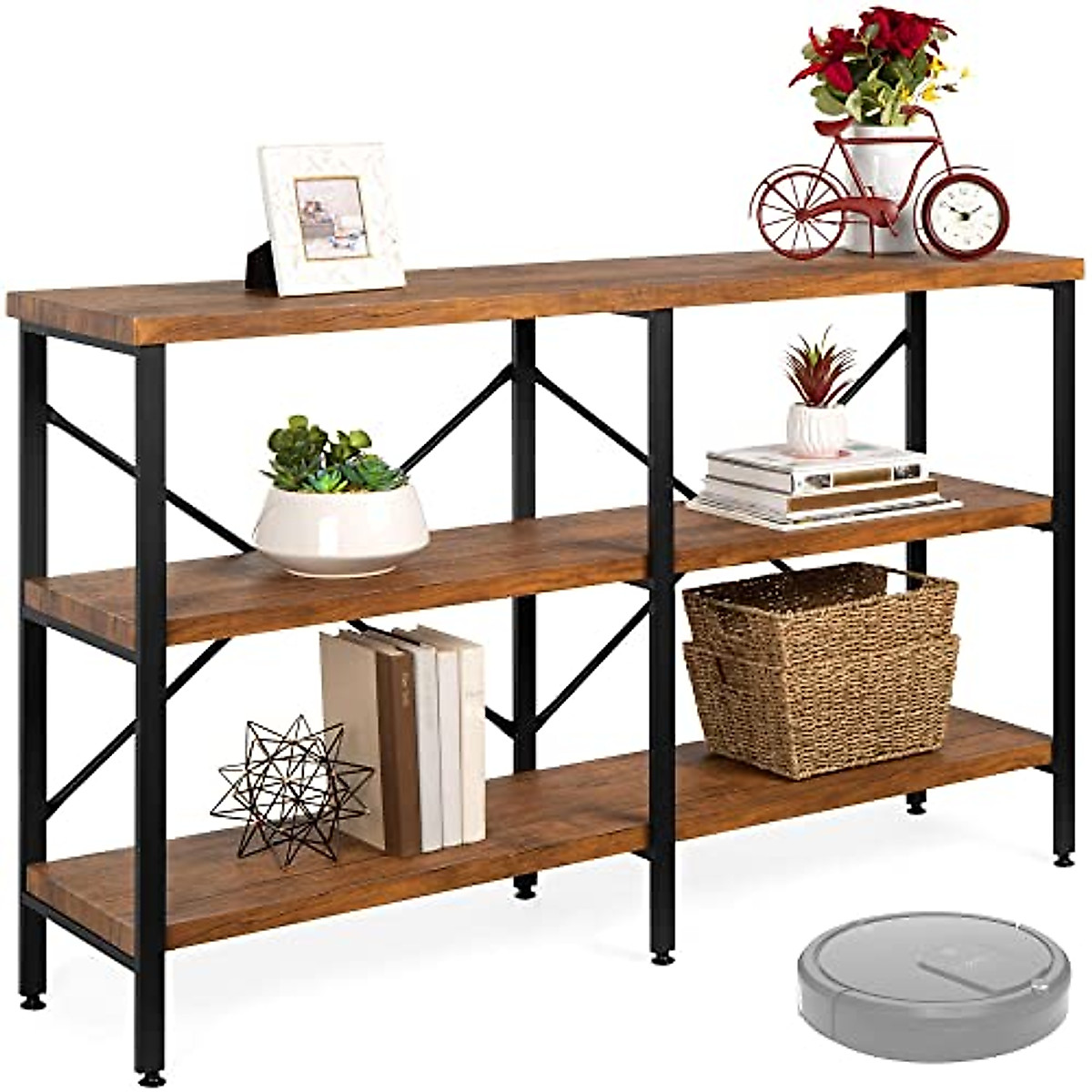Best Choice Products Large Console Table, 3-Tier 55in Rustic, Industrial Sofa Table Storage for Living Room, Entryway, Foyer, Hallway w/EVA Non-Scratch Feet, Steel Frame - Brown
