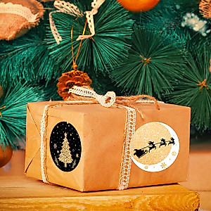 Christmas Stickers for Envelopes Holiday Labels 500PCS Black & Gold Seals Faux Glitter for Holiday Christmas Party Decoration