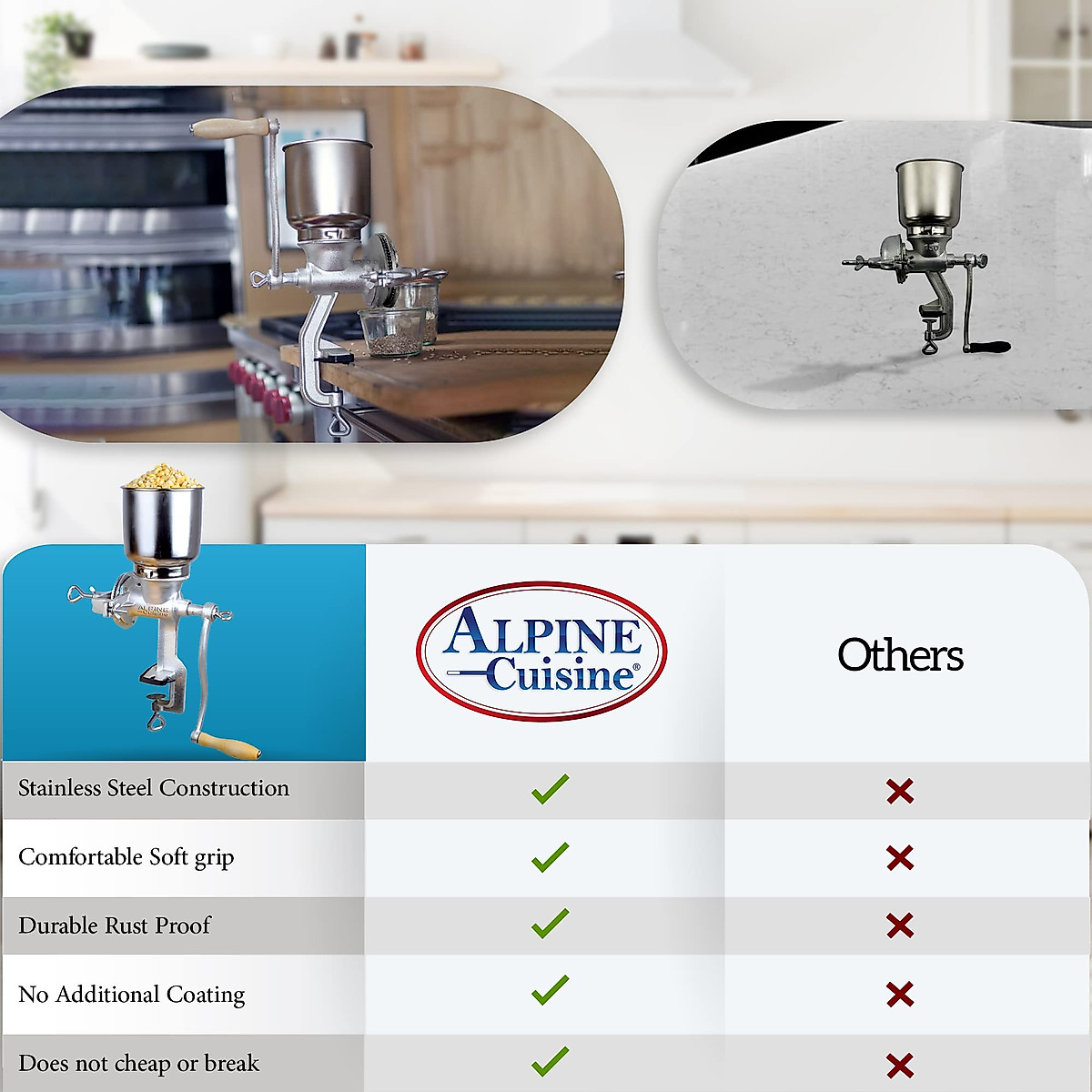 Alpine Cuisine Cast Iron Corn Grinder 17 Inch with High Hopper, Grinder for Corn Coffee Food Wheat Oats Nuts Spices Seeds Herb Grinder Great for Restaurants Kitchens Bakery