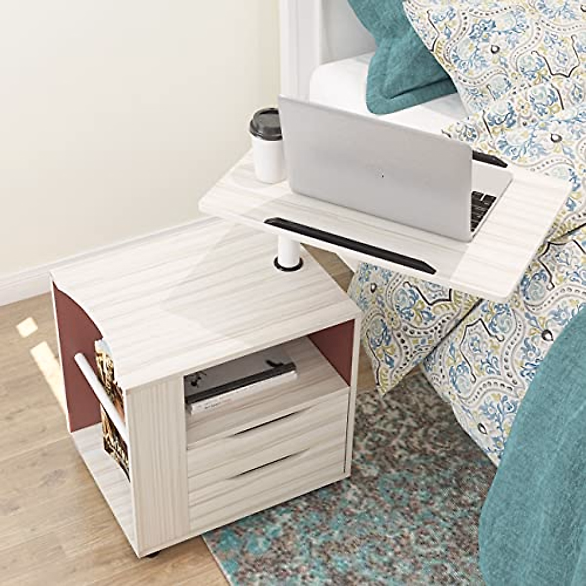 SogesHome Height Adjustable Nightstand with Lockable Wheels, Over-Bed Movable Bedside Table with 2-Drawers, Bedroom Side Storage Cabinet with 1-Open Cube, Maple