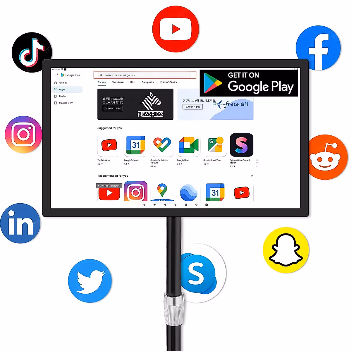 AYSTekMann 15.6'' Interactive LCD Digital Signage Display Advertising Kiosk with wireless screen mirroring,5G WiFi 4+64GB With Auto Play All in One Android with Adjustable Metal Floor Stand