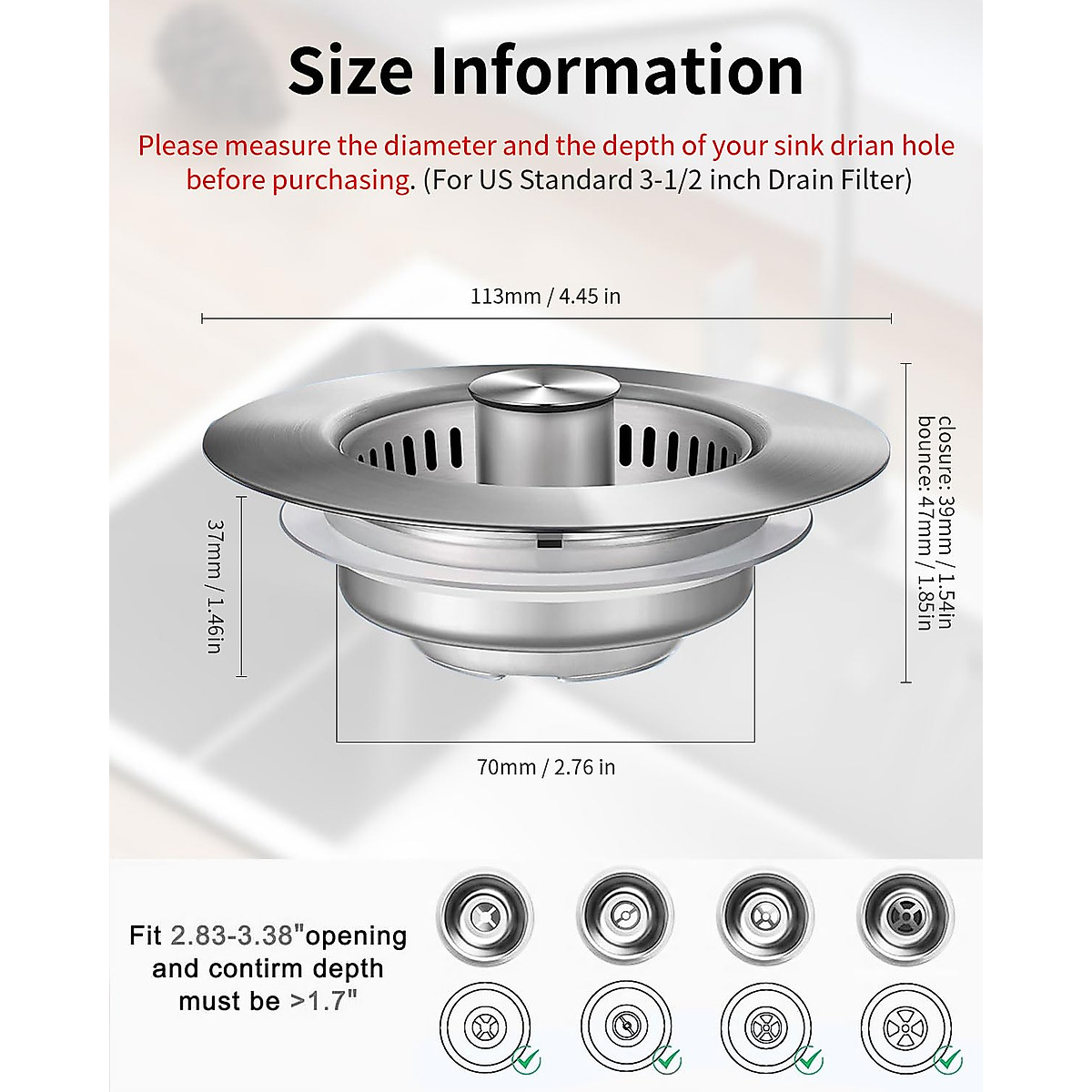 RLQXG 3 in 1 Kitchen Sink Drain Strainer [304 Stainless Steel Pop Up] Anti-Clogging Kitchen Sink Drain Stopper Stainless Steel Efficiently Drainage Odor Filter Sink Plug for Us Standard 3-1/2 Inch