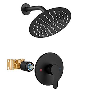Airuida Matte Black Single Function Shower Trim Kit Shower Faucet Set Wall Mount 8 Inch Round Rainfall Shower Head and Handle Set Single Handle Shower System Set with Female Threads Rough-in Valve