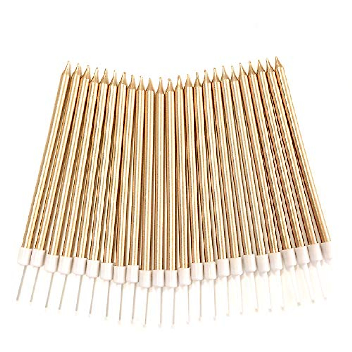 24 Count Birthday Party Long Thin Cake Candles Metallic Birthday Candles in Holders for Birthday Cakes Decorations , Champagne Gold by Lucky Party