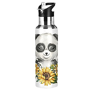 Little Panda Sunflower Water Bottle Kids Thermos Bottle with Straw Lid Kids Insulated Stainless Steel Water Flask Leakproof Thermos Bottle for Gym Outdoor 20 oz