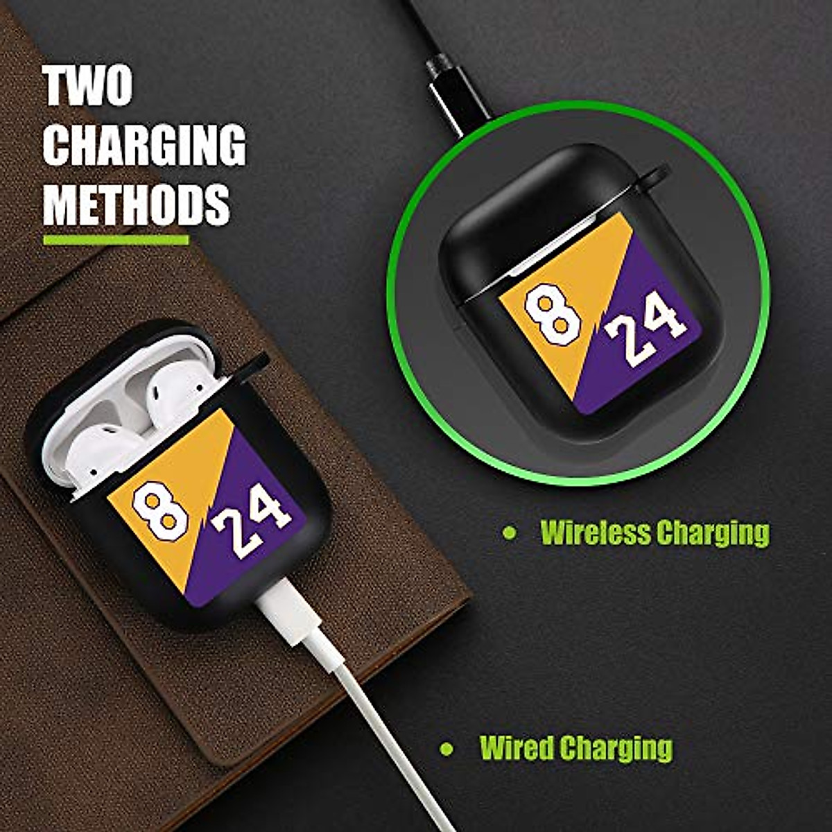 Jusy 8&24 Basketball Jersey Case for Airpod 1&2 Case with Keychain Clip Accessories, Silicone Skin Protective Cover for Airpods Charging Case MB Spirit Inheritance for Fans