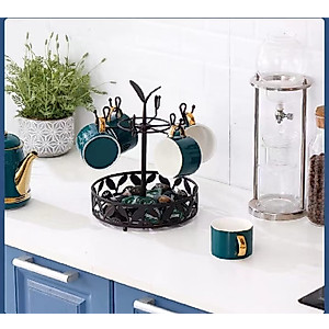 INMTIE Coffee Mug Holder Tree Stand for Bar Kitchen Counter Mug Tree with Storage Basket Multifunctional Coffee Cup Holder For Counter with 6 Hooks for Coffee Bar