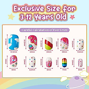 Modelones 144Pcs 6 Pack Press on Nails for Kids Children Acrylic Fake Nails Pre-glue Full Cover Glitter Gradient Color Rainbow Candy Short False Nail Art Kits Sets Gifts for Kids Girls