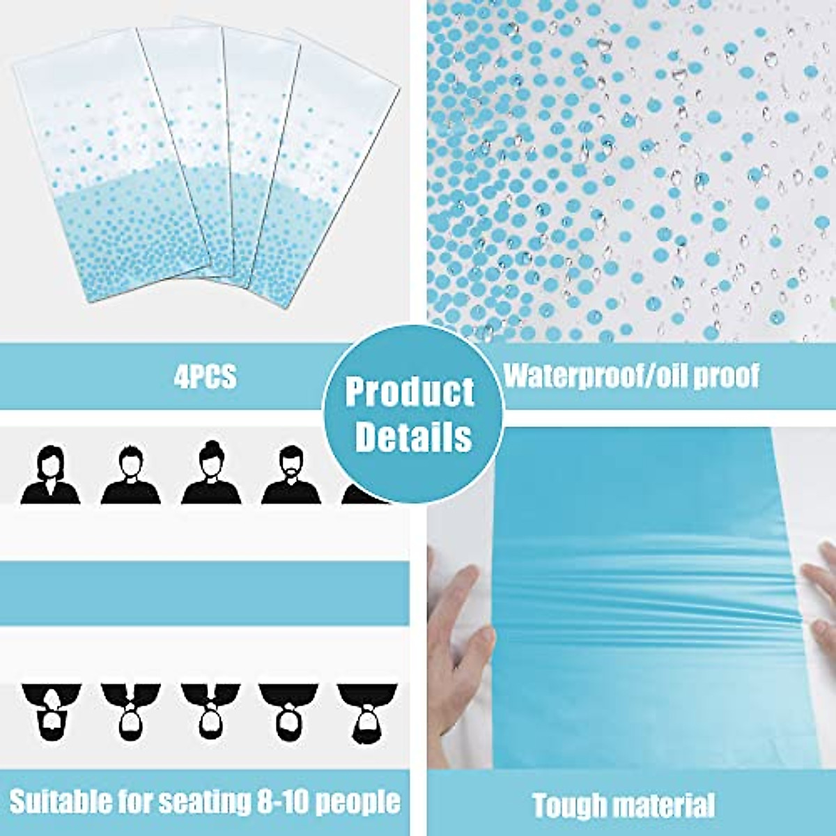 4 Pack Disposable Plastic Table Cloths for Parties,White and Light Blue Dot Plastic Tablecloth Disposable Rectangle Table Covers for Wedding Birthday Baby Shower First Communion Decorations 54" x 108"