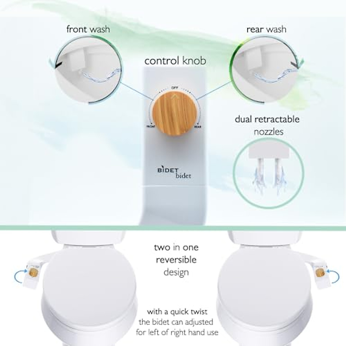 BIDETbidet Left/Right Reversible FRESH WATER Non-Electric Ultra-Slim Toilet Attachment, Ability to SWITCH between Right/Left Hand Side Control with Dual Nozzle Hinged Design, Hassle-Free Installation