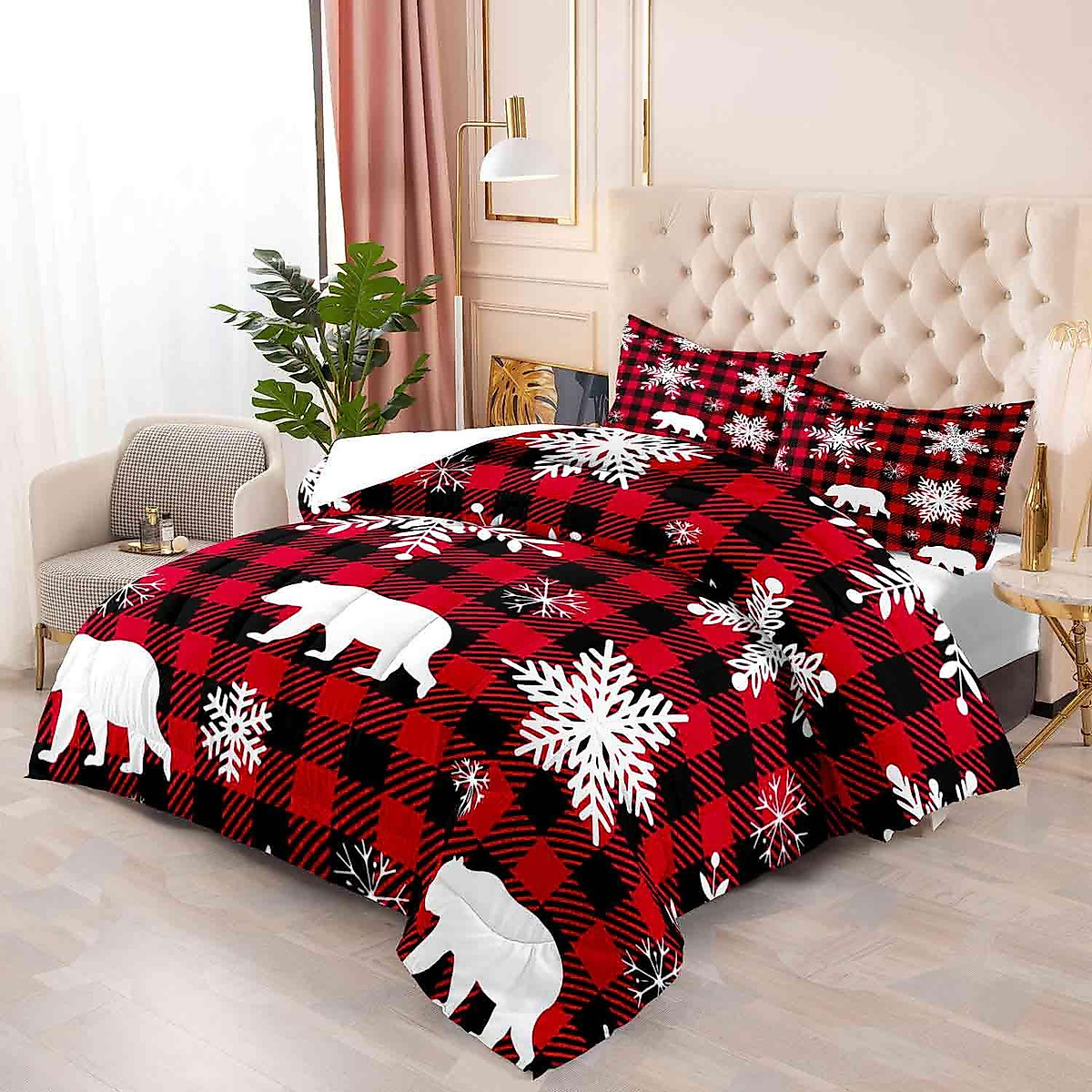 LUVIVIHOME 3PCS Christmas Bear Comforter Set Queen Size, White Snowflake Red Black Plaid Xmas Holiday Cabin Christmas Bedding for Kids Girls Boys, Christmas Bedroom Decor, 2 Pillow Shams
