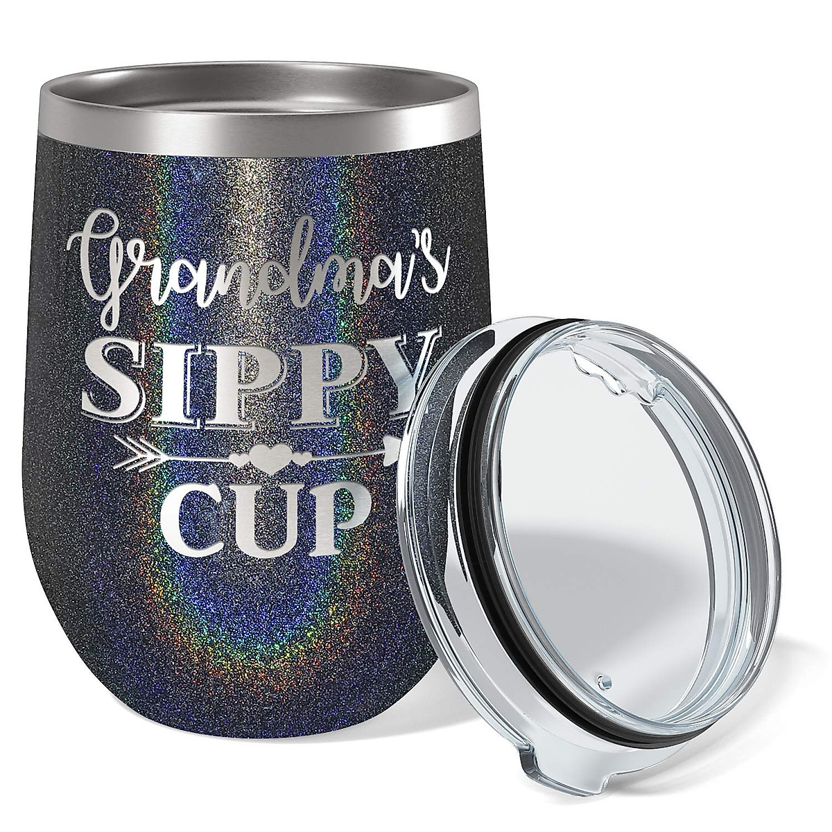 Grandmas Sippy Cup Gift for Women Birthday on Black Glitter 12 oz Insulated Wine Tumbler