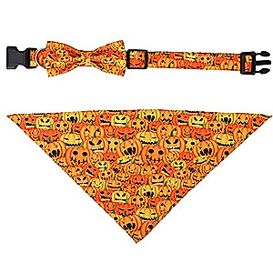 Halloween Thanksgiving Dog Bandana and Collar Set with Bow Tie Dog Scarf Triangle Bibs Kerchief Adjustable Costume Accessories for Cats Dogs Pets