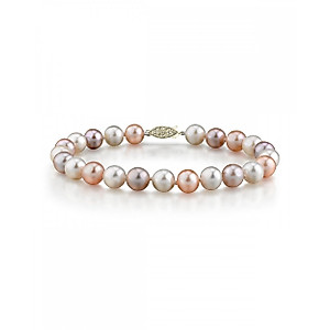 The Pearl Source 14K Gold 8-9mm AAAA Quality Round Multicolor Freshwater Cultured Pearl Bracelet for Women