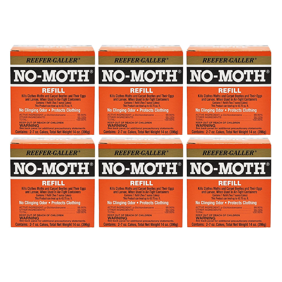 Reefer-Galler NO Moth Closet Hanger Refills - Kills Clothes Moths, Carpet Beetles, Eggs & Larvae (2 Moth Cakes, Pack of 6)