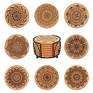 Coomin Cork Coasters, Extra Thick Cork Coasters with Holder, 8 Pcs Farmhouse Coasters for Coffee Table, Wooden Table, Heat-Resistant Coasters for Drinks