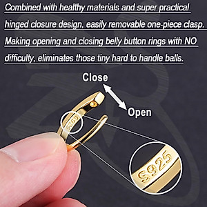 ZS 14G Clicker Belly Button Rings for Women, 925 Sterling Silver Belly Barbell Piercing Gold Reverse Curved Navel Barbell Body Jewelry (10mm)