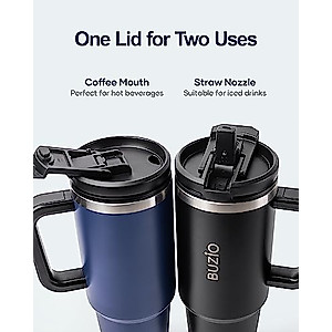 BUZIO 40oz Insulated Tumbler with Lid and Straw, Stainless Steel 40oz Tumbler with Handle, Cupholder Friendly Water Bottles, Vacuum Coffee Mug, Travel Flask, Keep Cold for 24 Hrs/Hot for 12 Hrs, Blue